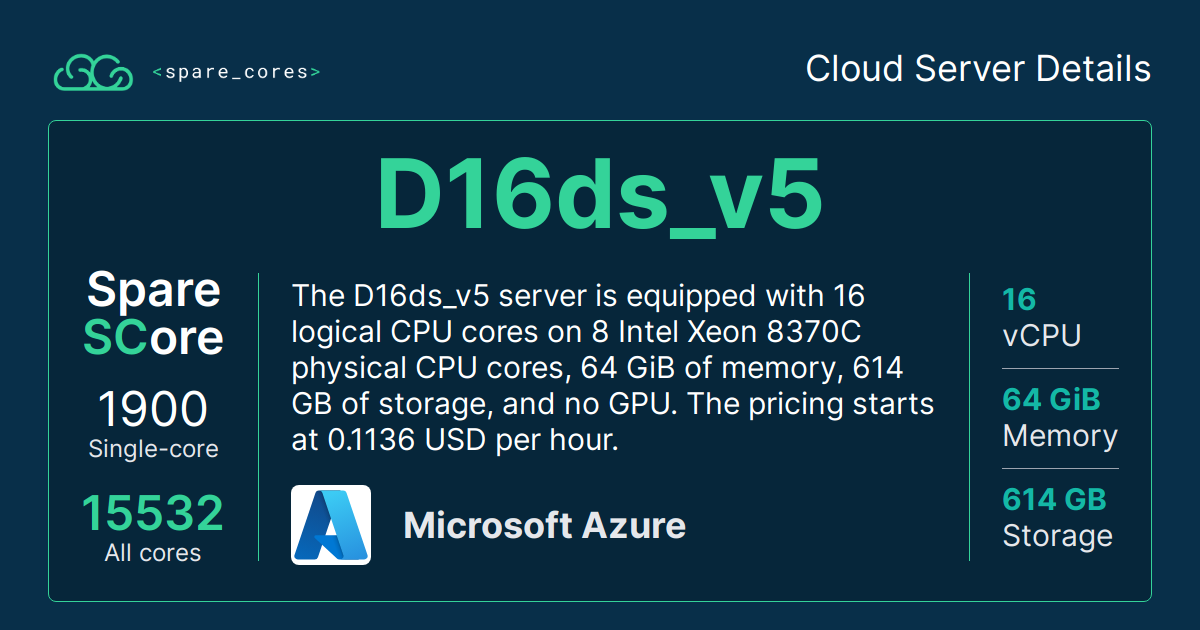 D16ds_v5 by Microsoft Azure - Spare Cores
