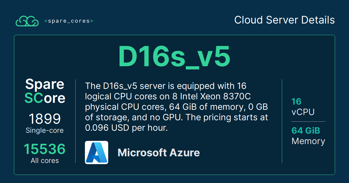 D16s_v5 by Microsoft Azure - Spare Cores